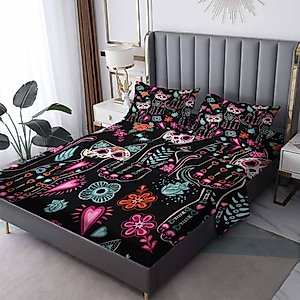 Day of The Dead Sheets Full Size, Cat Bed Sheets, Patterned Bedding Sheets & Pillowcases 4 Piece Set - Soft Microfiber Deep Pocket Fitted Sheet & Flat Sheet & 2 Pillow Cases L5-&-299