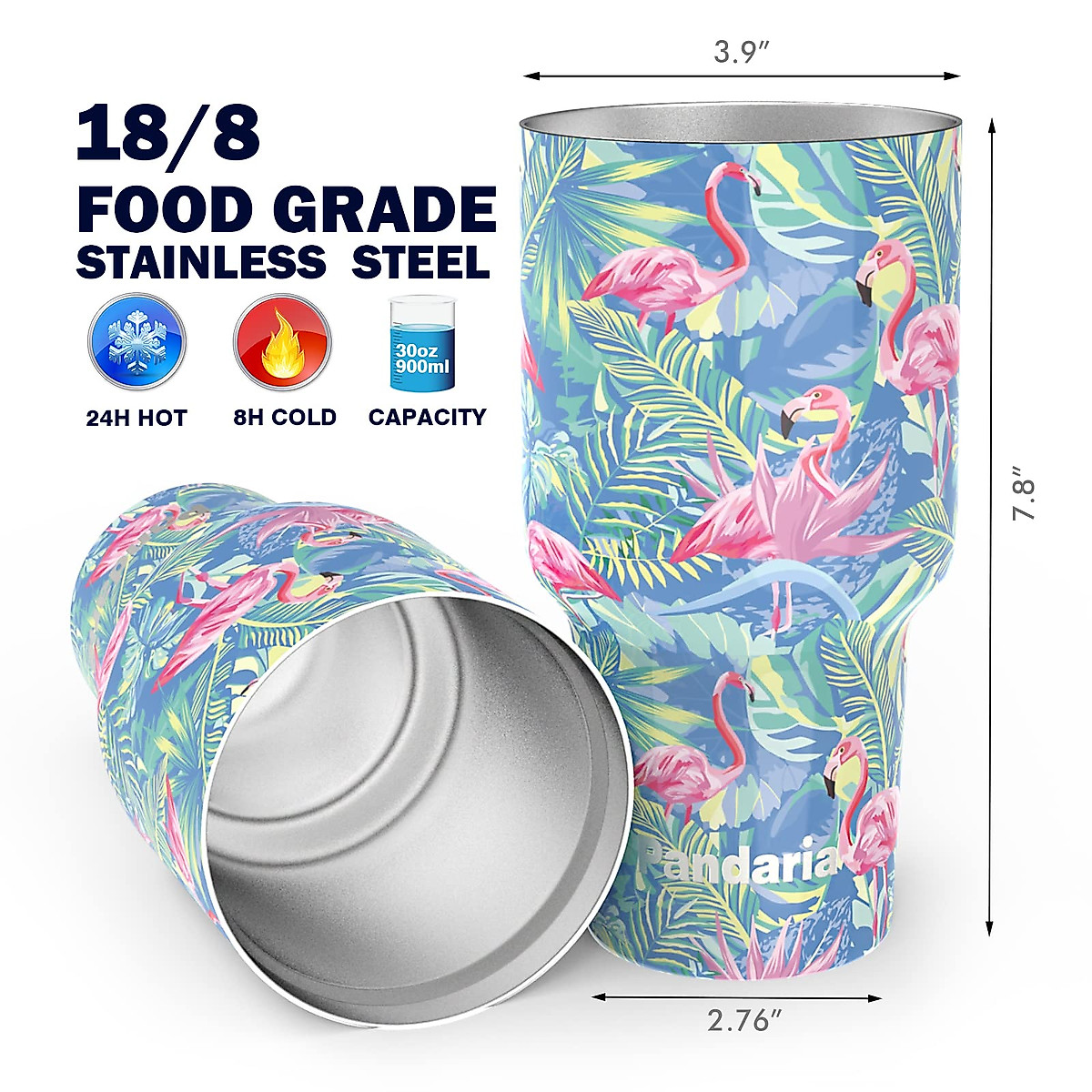 Pandaria 30oz Insulated Tumblers with Lids and Straws, Double wall Stainless Steel Tumbler with straw, Reusable Spill Proof Tumbler, Perfect for Iced Coffee, Tea & More- Flamingo