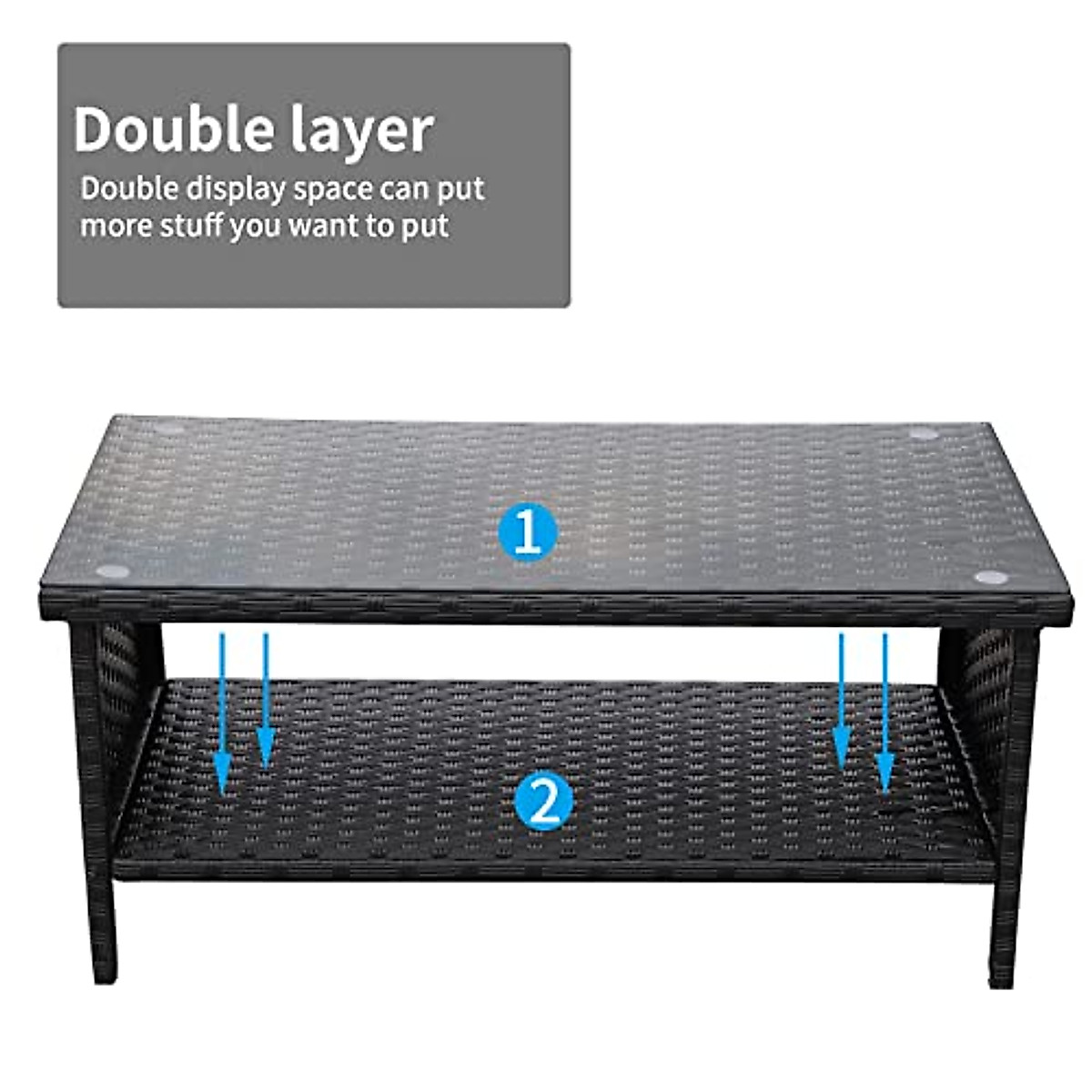 Outdoor Wicker Coffee Table Patio Furniture Garden Rattan 2-Layer Glass Table with Storage and Furniture Cover, Black