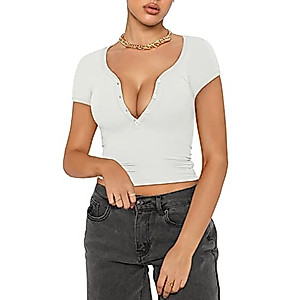 REORIA Women’s Summer Sexy Casual Henley V Neck Button Down Short Sleeve Going Out Y2K Ribbed Tshirts Crop Tops White Small