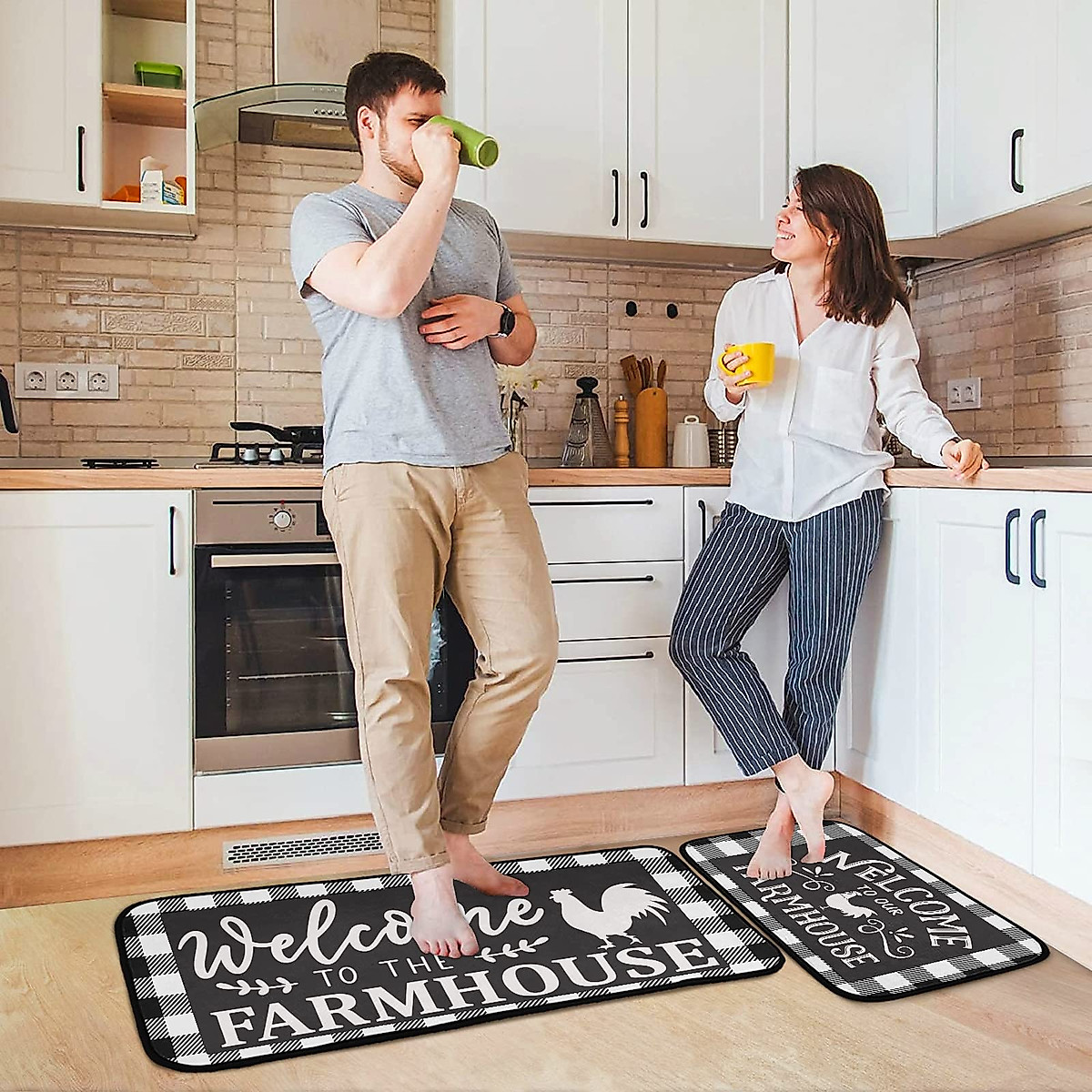 Emelivor Buffalo Plaid Checked Farmhouse Kitchen Mat Set of 2 Anti-Fatigue Kitchen Rug Set Non Slip Foam Cushioned Kitchen Runner Rugs and Mats Comfort Standing Mat for Farmhouse Doormat Laundry