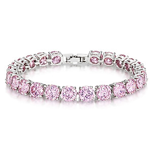 KEZEF Silver Plated Brass CZ Tennis Bracelet - Round 7mm Pink CZ -7 Inch