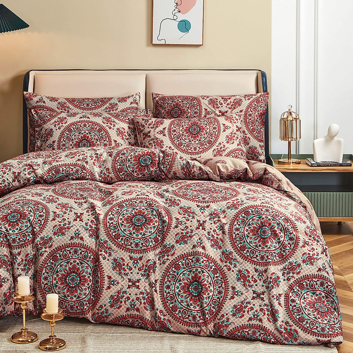 Tache Duvet Cover King Size Paisley Bohemian Boho Chic Medallion Mandala Boteh Reversible Duvet Cover, King