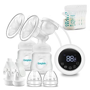 Cozytots Double Electric Breast Pumps Portable Rechargeable Battery Operated Breast Feeding Pump 9 Suction Levels with High Definition Display Touch Panel 5 Milk Bags 2 Adapters
