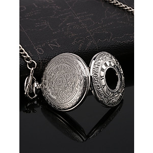 Hicarer Vintage Pocket Watch Steel Men Watch with Chain (Silver)