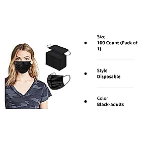 Black Disposable Face Masks, 100Pcs Adult Face Mask 3 Ply Safety Mouth-Cover with Elastic Earloops, Breathable Face Protection for Men & Women,non-medical
