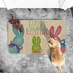 Artoid Mode Welcome Easter Rabbits Elegant Decorative Doormat, Seasonal Spring Easter Farmhouse Holiday Low-Profile Floor Mat Switch Mat for Indoor Outdoor 17 Inch x 29 Inch