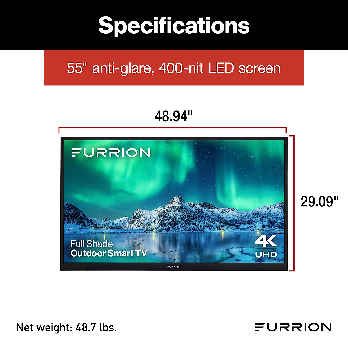 Furrion Aurora 55-Inch Full-Shade 4K LED Outdoor Smart TV - Weatherproof Outdoor Television w/ HDR10, Anti-Glare, 400-Nit LED Screen, Impact-Resistant Screen, External Antenna for Shaded Outdoor Areas
