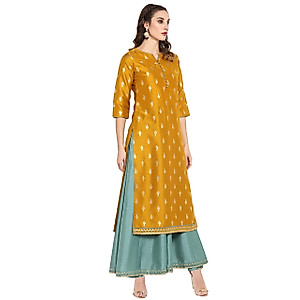 Janasya Indian Women's Mustard Foil Printed Poly Silk Ethnic Dress