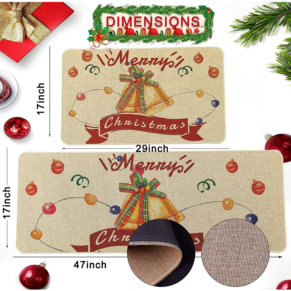 LISIBOOO Christmas Kitchen Rug - Kitchen Mat Set Non Skid Kitchen Rugs and Mats Anti Fatigue Kitchen Floor Mats Rubber Back Absorbent Washable Christmas Kitchen Rug Set 2 Piece 17''x29''+17''x47