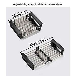 GULICA Dish Drying Rack, Adjustable Stainless Steel Drainer Basket Drain Tray for Dish Vegetable Fruit, On Counter Dish Rack or in Sink Over Sink Kitchen Basket Dish Drying Rack Grey