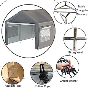 Carport 10x20ft Car Canopy with Transparent Roll-up Windows, Removable Sidewalls & Doors,Portable Garage for Car, Truck, Boat, Car Canopy, Grey