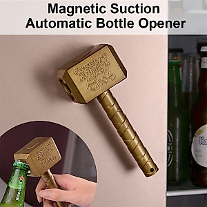VEADOOLLY Thor Hammer Beer Bottle Opener with Magnetic Cap for Attachment Fridge Door, Stainless Steel Automatic Beer Bottle Opener Ideal for Home, Bar, and Kitchen - Gift for Beer Lovers (Gold)
