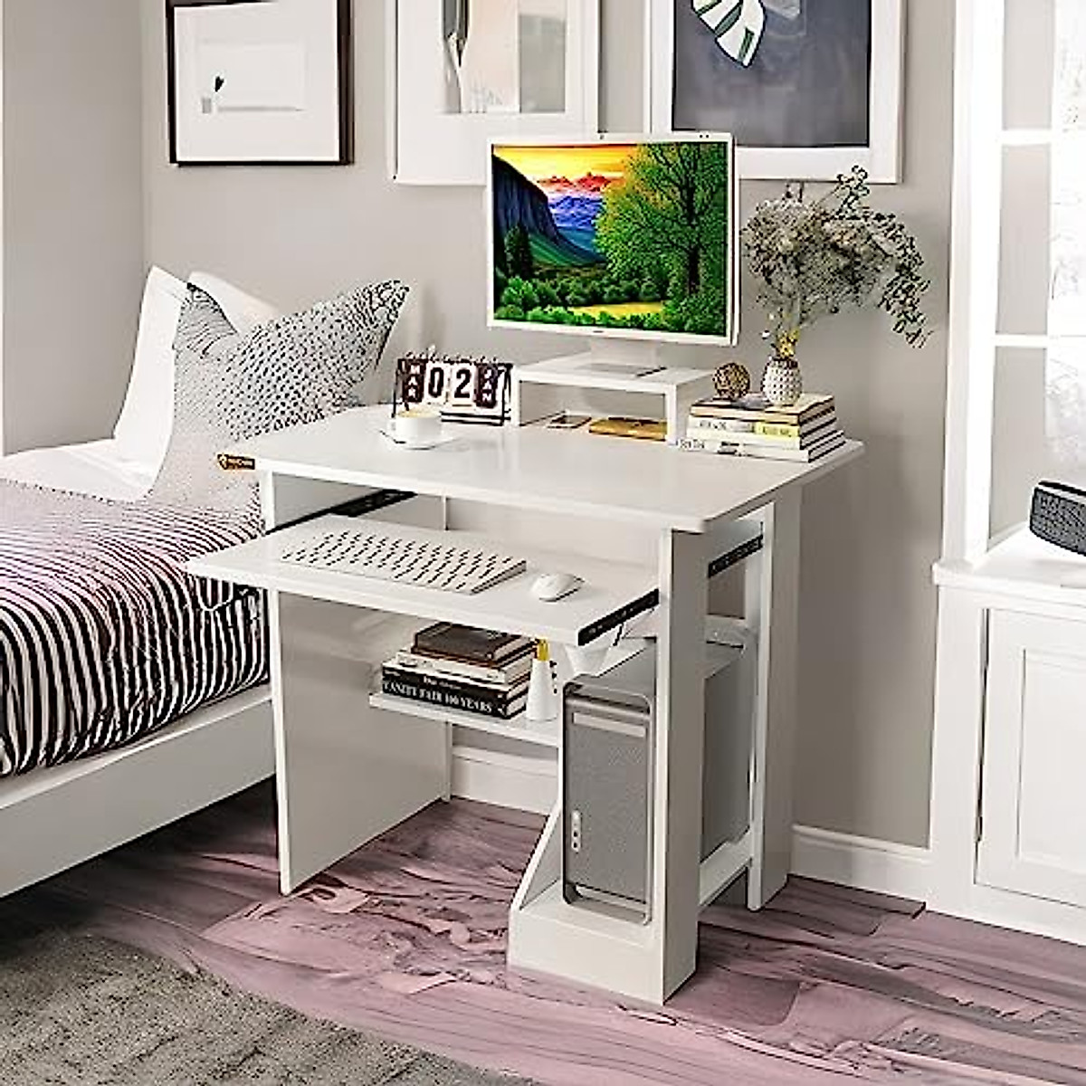 ALISENED Home Office Computer Desk with Monitor Stand Keyboard Tray, 29.5 Inch Study Writing Desk Small PC Laptop Table with Storage Shelves, Modern Workstation for Small Spaces Save Space
