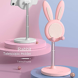 OATSBASF Cell Phone Stand, Adjustable Cute Bunny Phone Stand for Desk, Kawaii Phone Holder Stand, Compatible with All Mobile Phones, iPhone, Kindle, Switch (Pink)