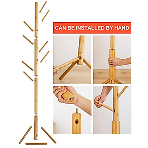 BMOSU Coat Rack freestanding Stand Bamboo Wooden Coat Tree 8 Hooks 3 Adjustable Standing Jackets Hanger Hallway Corner Parlor(Nature)