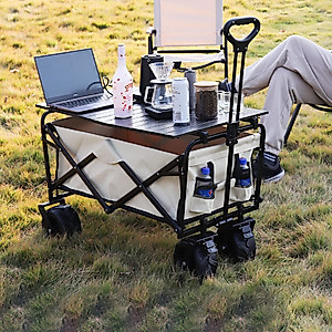 JHXG Wagons Carts Heavy Duty Foldable, Collapsible Wagon Utility Camping Park Wagon Cart, Folding Wagon Cart, Utility Wagon with Push Pull Handles, with Black Aluminum Table Plate (Beige)