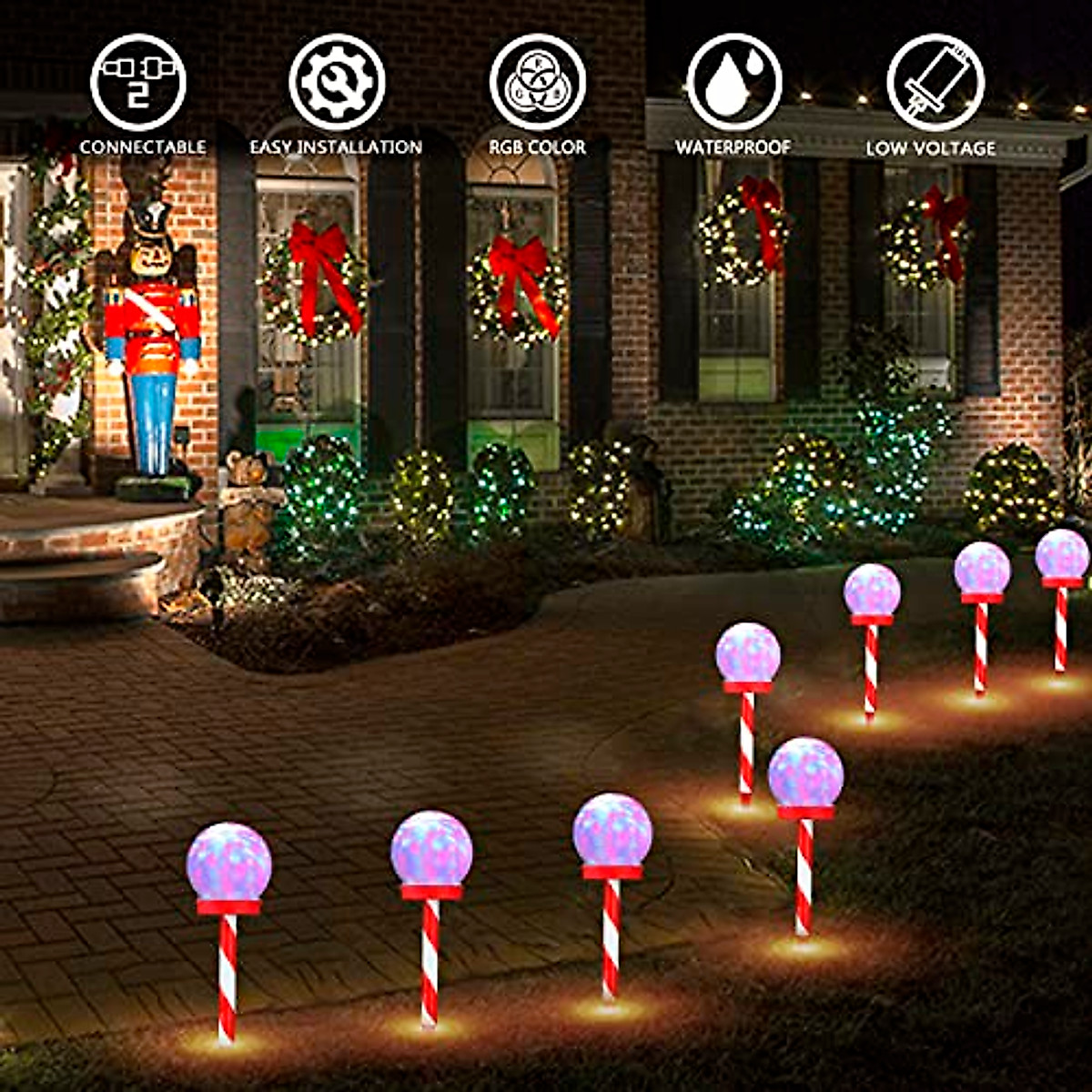 EAMBRITE 4PK RGB Ball Candy Cane Pathway Markers Light with Rotating Projector Waterproof Outdoor Stake Lights Decorative for Pond Garden Patio Landscape