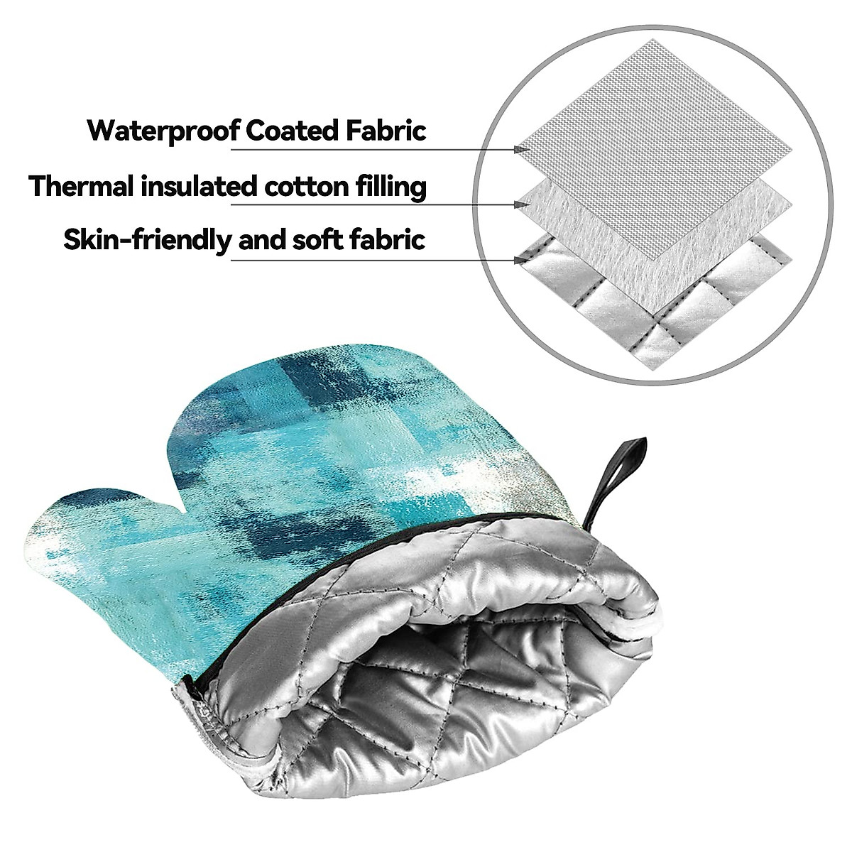 Turquoise Grey Oven Mitts and Pot Holders Sets of 4 Modern Teal Abstract Art Oven Gloves for Kitchen Baking Cooking Grilling (Turquoise)