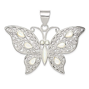 Sterling Silver Filigree Fancy Mother of Pearl Butterfly Pendant QQC5004