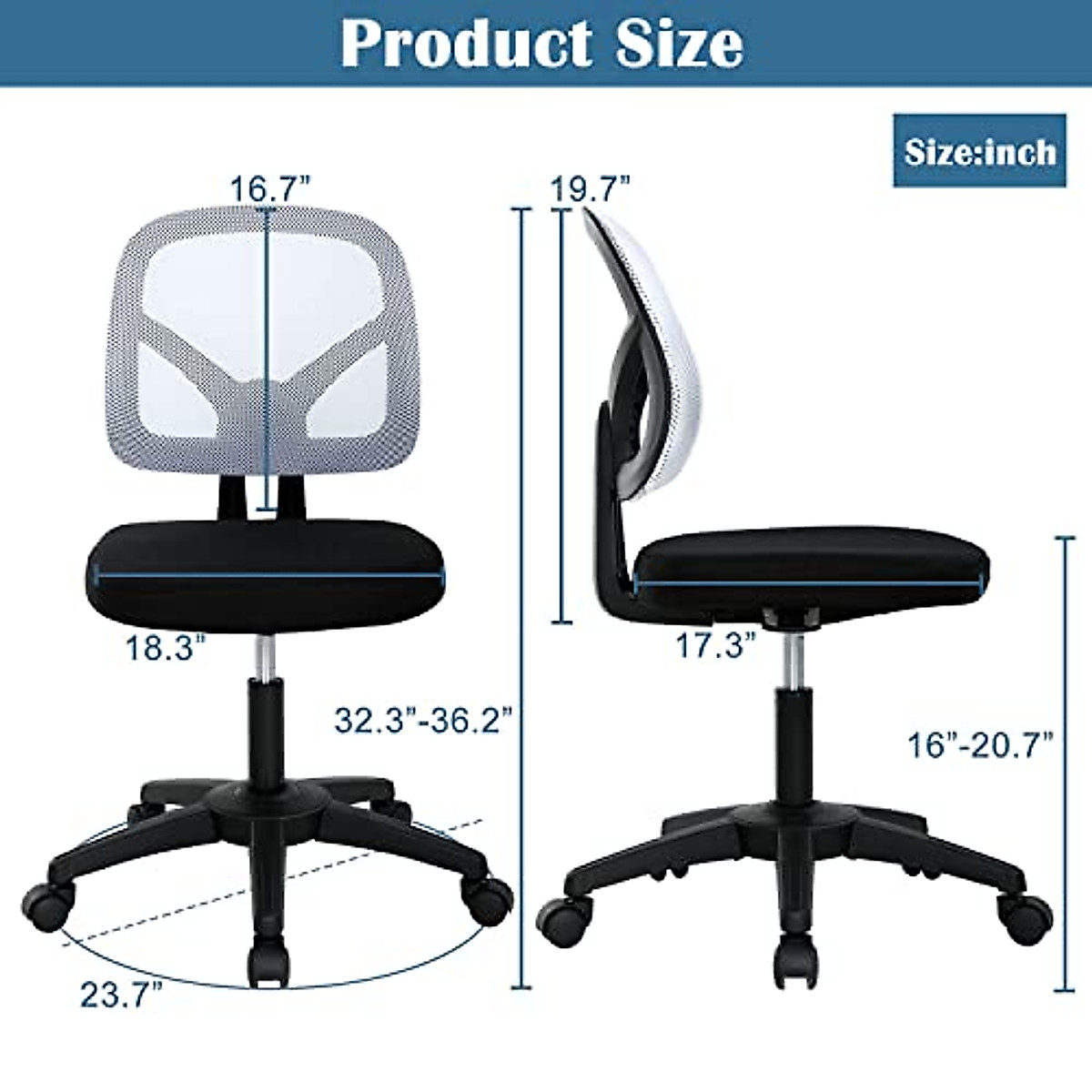 Home Office Chair Ergonomic Desk Chair, Mesh Computer Chair with Wheels, Armless Low-Back Task Chair,Executive Rolling Swivel Adjustable Desk Chair for Adults Women Girls(White)
