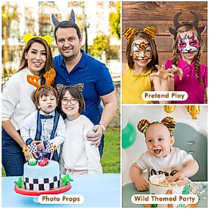 Flying Childhood 16Pcs Jungle Animal Ears Headbands as Safari Party Favors Wild One Birthday Decorations Plush Animal Headpiece for Kids Adults