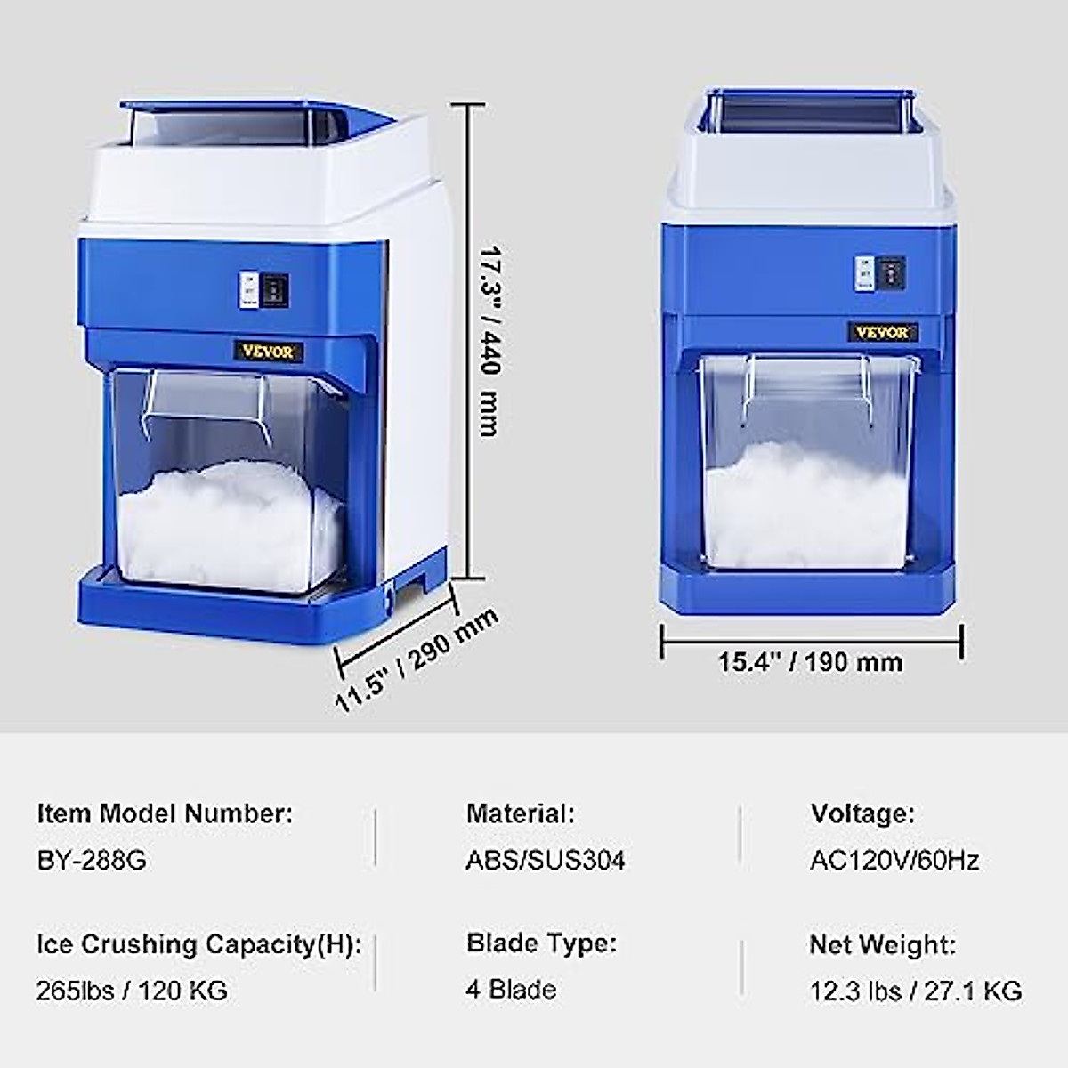 VEVOR Commercial Shaver Crusher 265lbs Per Hour Electric Snow Cone Maker 300W Tabletop Shaved Ice Machine, 265LLBS/H-300W, Blue