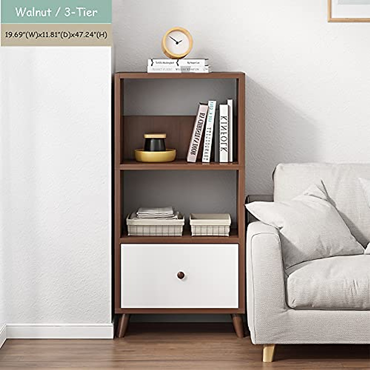 IOTXY 3-Tier Open Shelves Bookcase - 47" Height Modern Free Standing Wooden Cube Bookshelf with Storage Drawer and Legs, Walnut