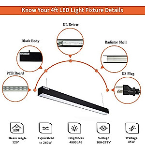 4ft LED Linear Light Fixtures Architectural Suspended Light with Plug, 4FT 45W Black Finish 0-10V Dimmable Office Lighting Fixture for Residential and Commercial Places, 4800lm, ETL 100-277V