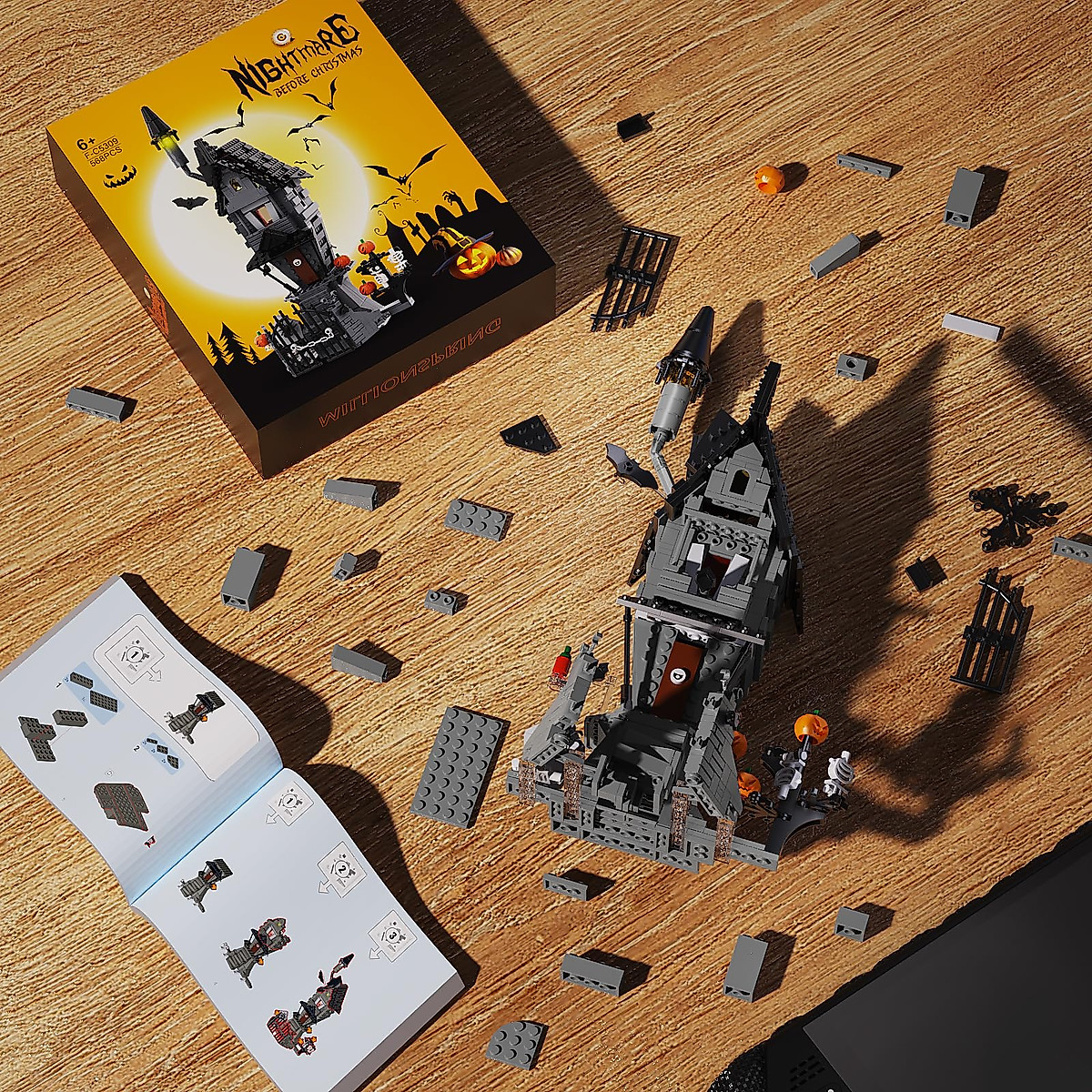 Nightmare Before Christmas Halloween Jack's and Sally Haunted House Building Set with Led Light,Creative Festival Toy Kit Gifts for Movie Fans Friends Kids(568pcs)