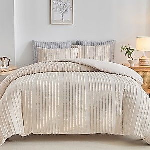 WARMDERN Khaki Boho Duvet Cover Set Queen Size, Striped Textured Tufted Bedding Set, 3 Piece Soft Washed Microfiber Duvet Cover with Zipper Closure (Khaki)