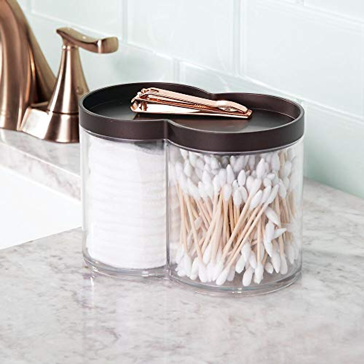 mDesign Plastic Canister Jar Organizer Set with Storage Lid - Home Decor Holder for Bathroom/Restroom Vanity Countertop, Cabinet - Holds Cotton Balls, Soap - Lumiere Collection - Clear/Bronze