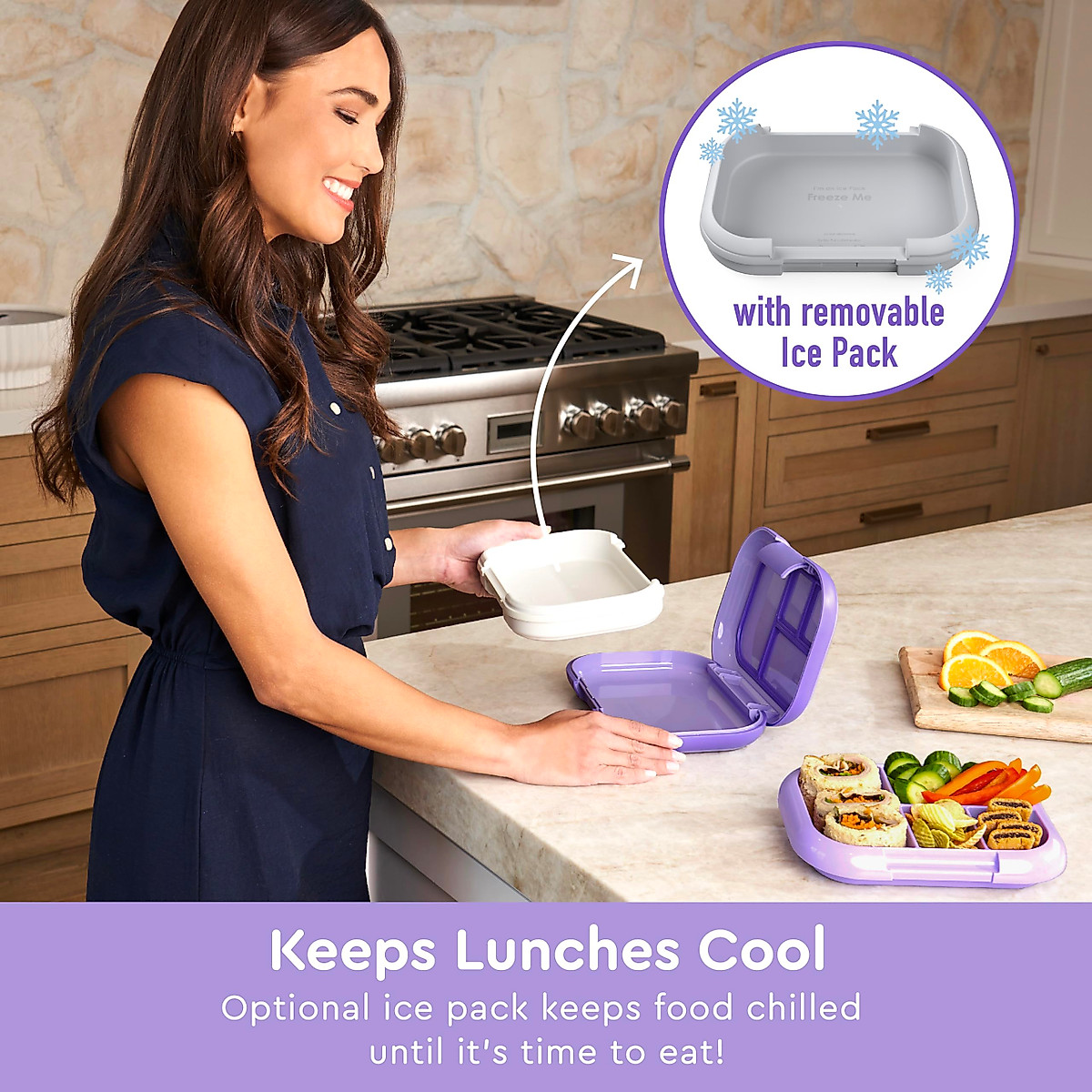 Bentgo Kids Chill Leak-Proof Lunch Box - Included Reusable Ice Pack Keeps Food Cold; 4-Compartment Bento Lunch Container; Microwave/Dishwasher Safe; 2 Year Manufacturer's Warranty (Purple)