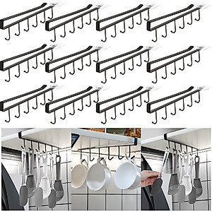 12 Pack 6 Hooks Utensil Racks Under Cabinet Black Hanging Mug Organizer Coffee Cup Under Shelf Home Storage Mug Holder and 12 Pcs Adhesive with Screws for Kitchen Utensil Under Cabinet Mug