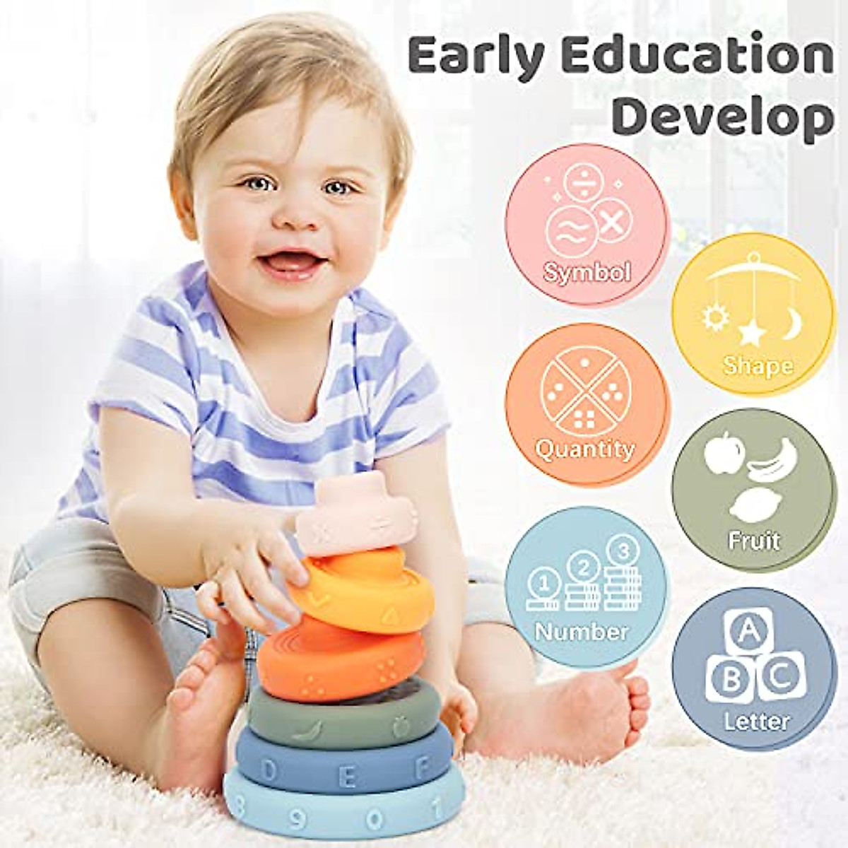 SYNPOS 6 PCS Baby Stacking Teething Toy, Stacking Nesting Toys, Soft Building Stacker Squeeze Toy, Baby Montessori Sensory Toys with Number, Fruit and Shape, Early Learning Toys for Toddlers 6 Months
