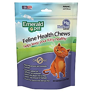 Emerald Pet Feline Health Chews Hairball Support — Natural Grain Free Feline Hairball Control Chews — Hairball Control Cat Supplements for Hairball Prevention and Elimination — Made in USA, 2.5 oz
