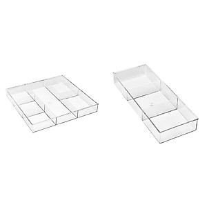 Whitmor 6-Section Clear Drawer Organizer & 3 Section Small Easy Clean Clear Plastic Resin Drawer Organizer