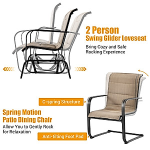 Tangkula 4 Pieces Outdoor Furniture Set, Patio Conversation Set with Coffee Table, 2-Person Swing Glider Loveseat and 2 Spring Motion Dining Chairs, Sectional Sofa Set with Cotton Padded (Brown)