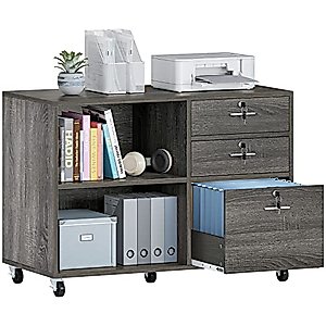 YITAHOME 3 Drawer Wood Lateral File Cabinet, Mobile Filing Cabinet, Storage Cabinet Printer Stand with 2 Open Shelves for Home Office Organization,Dark Grey