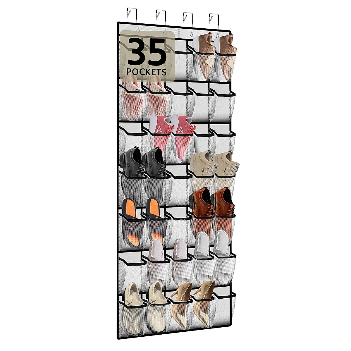 PAULONE 35 Pocket Over the Door Shoe Organizer,Reusable Breathable Large Mesh Bag Men's & Women's Sneaker Organizer,Shoe Organizer for Kids,Hanging Shoe Storage Hanging Bag (White)