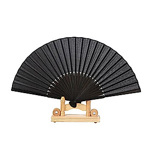 Minelife 2 Pack Bamboo Silk Folding Fan Handheld, Chinese Vintage Retro Fabric Fans, Black Hand Fan for Performance, Dance, Fighting, Wedding, Church, Party & Gift