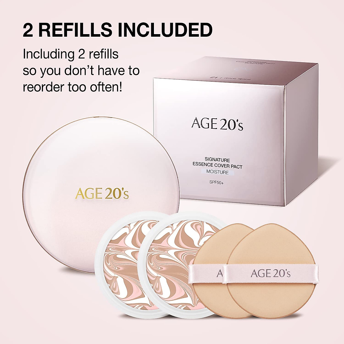 AGE 20’s Signature Hydrating Essence Sunscreen Foundation for Dry Skin, SPF 50+, BB & CC Cream, Moisture Cushion Pact, Refill Included, 21 Light Beige (0.49oz x 2ea)