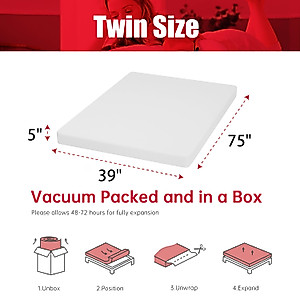 5 Inch Twin Mattress Gel Memory Foam Mattress for Cool Sleep Pressure Relief Breathable Cover Mattress Medium Firm Twin Size Mattress in a Box Cooling Gel Bed Mattresses, White