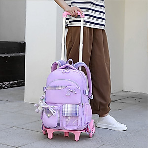 GLOOMALL Cute Rolling Backpack School Girls Boys, Lightweight Trolley Travel Bag with 6 Wheels Classic Roller Luggage (Beige bow)