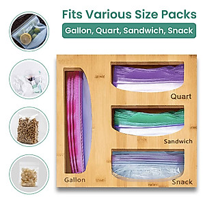 Premium Bamboo Plastic Bag Storage Organizer and Baggie Dispenser ┃ Gallon, Quart, Sandwich, Snack Sizes ┃ Food Bags Holders in Kitchen Drawers, Pantry, or Wall Mount | by ZIRGLIO (4 Slots)