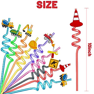 24 Construction Plastic Straws Reusable Drinking Straws with 2 Cleaning Brush Blender Truck Excavator Truck Bulldozer Transportation Straws Construction Party Favors Supplies Gift for Kids Boys