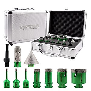 KURSTOL Diamond Core Drill Bits Kit - 7pcs 6/6/6/20/25/35/50mm+1pc 2" Beveling Chamfer Bit+1pc 3/4" Diamond Finger Milling Bit+SDS Adapter to 5/8-11" Thread for Porcelain Ceramic Tile Granite Marble