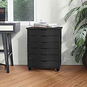 Linon Rolling Storage Corinne Cart, Six Wide Drawers, Black Wide
