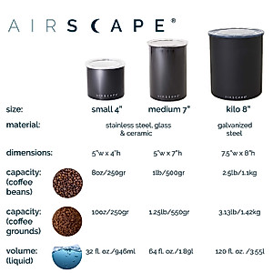 Airscape Kilo Coffee Storage Canister & Scoop Bundle - Large Food Container - Patented Airtight Lid 2-Way Valve Preserve Food Freshness, 2.2 lb Dry Beans (Large Kilo, Matte Gray & Brushed Steel Scoop)