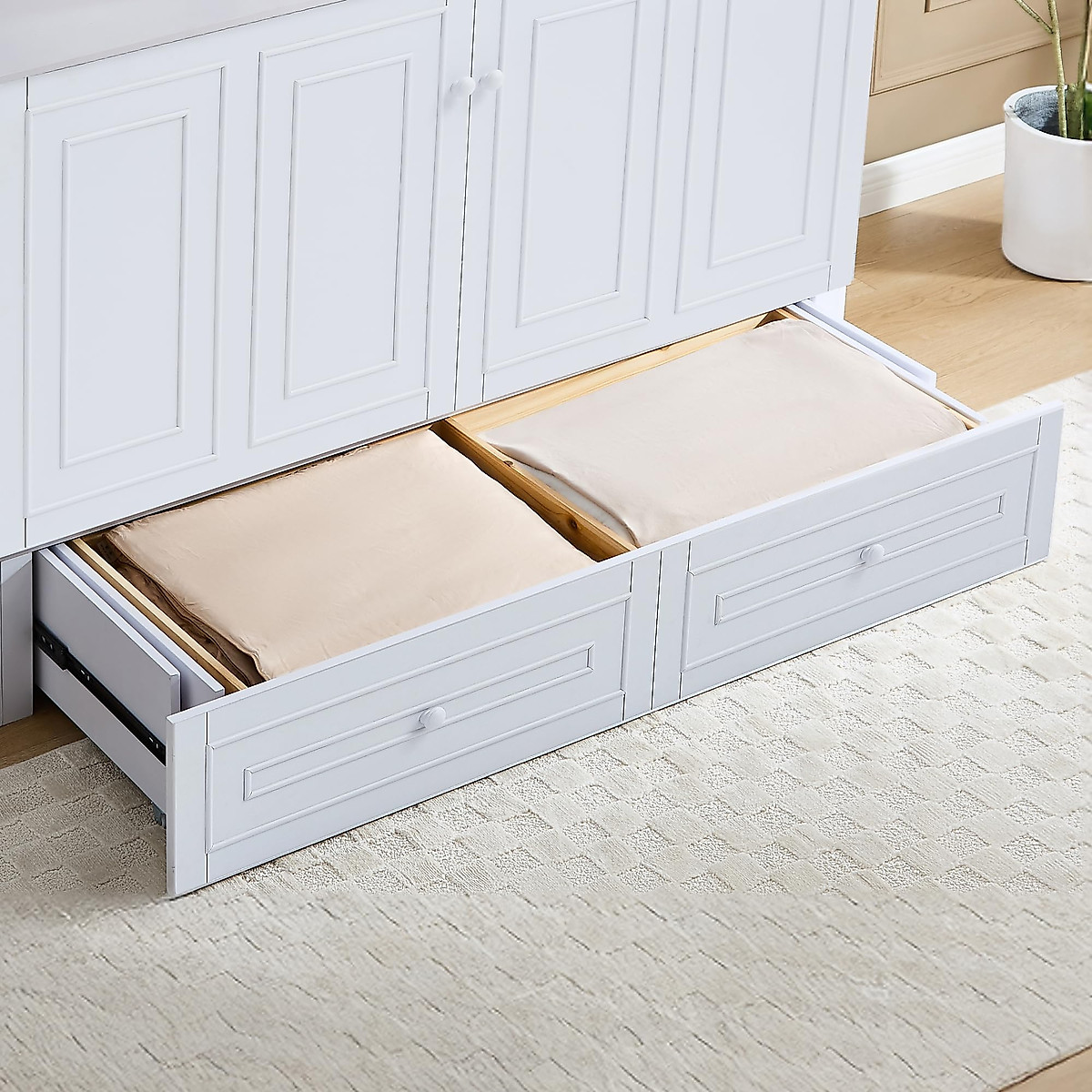 EDWINENE Queen Murphy Bed, Murphy Bed Cabinet with Charging Station, Storage Drawers & Foldable Mattress, Space-Saving Murphy Bed for Living Room & Bedroom (White)